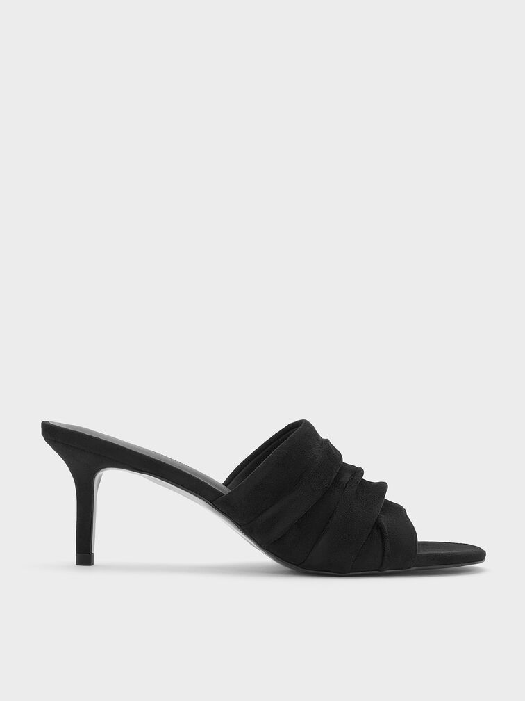 Black Textured Faux Suede Ruched Heeled Mules - Black Textured ...