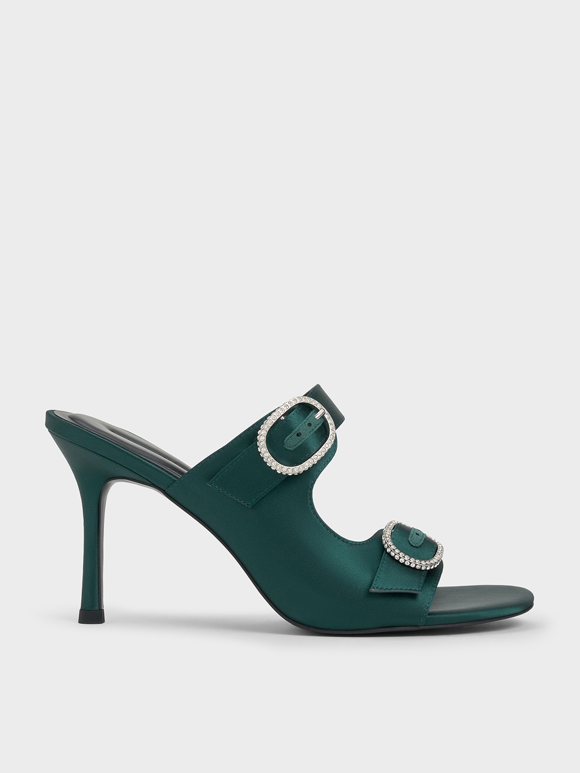 Dark Green Recycled Polyester Crystal-Buckle Heeled Mules - CHARLES ...