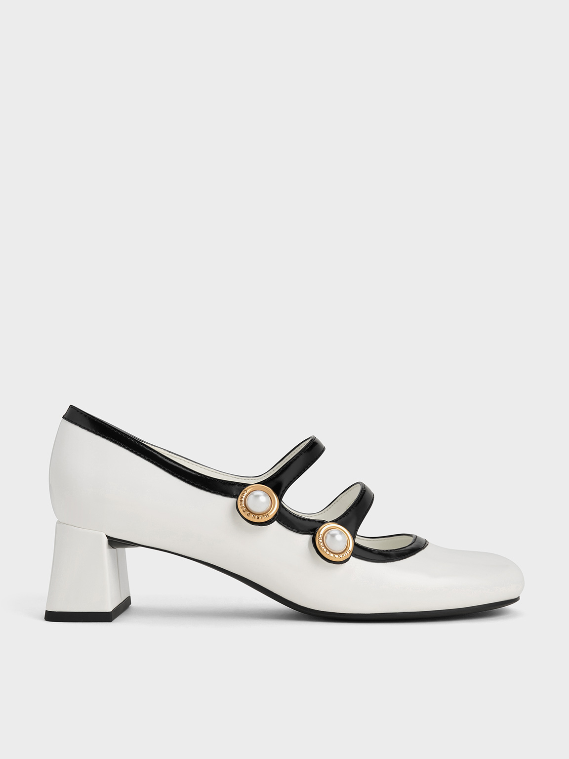 White Pearl-Buckle Two-Tone Mary Jane Pumps - White - Shoes - CHARLES ...
