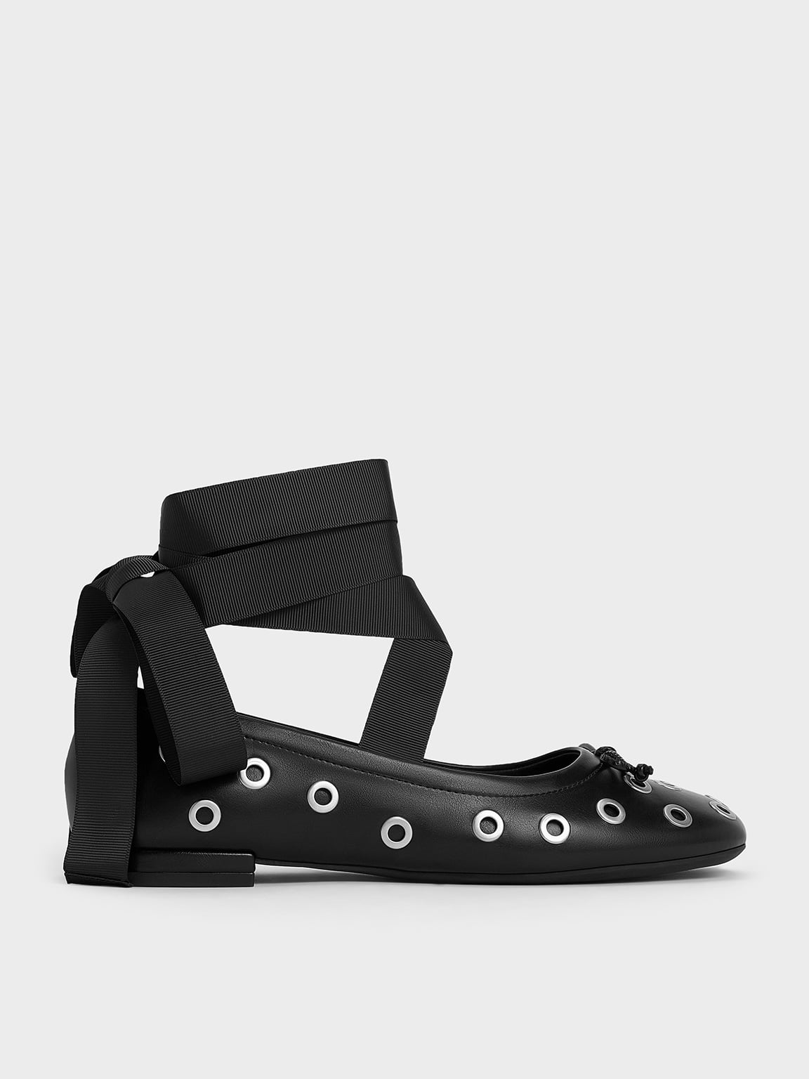 Sepatu Ballet Flats Tie-Around Grommet Margot - Black - CHARLES & KEITH ID