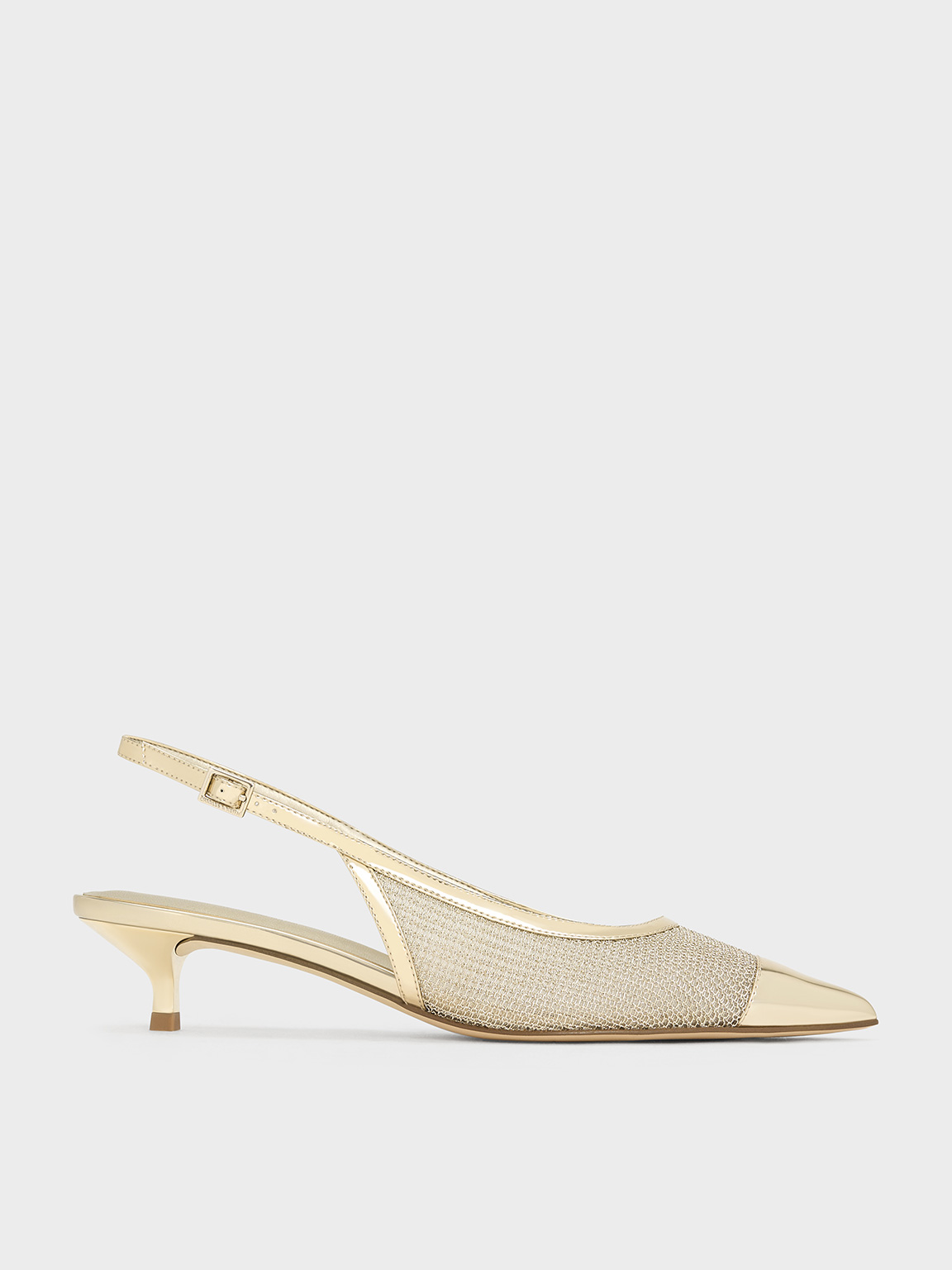 Gold Mesh Metallic Cap-Toe Kitten-Heel Pumps - CHARLES & KEITH ID