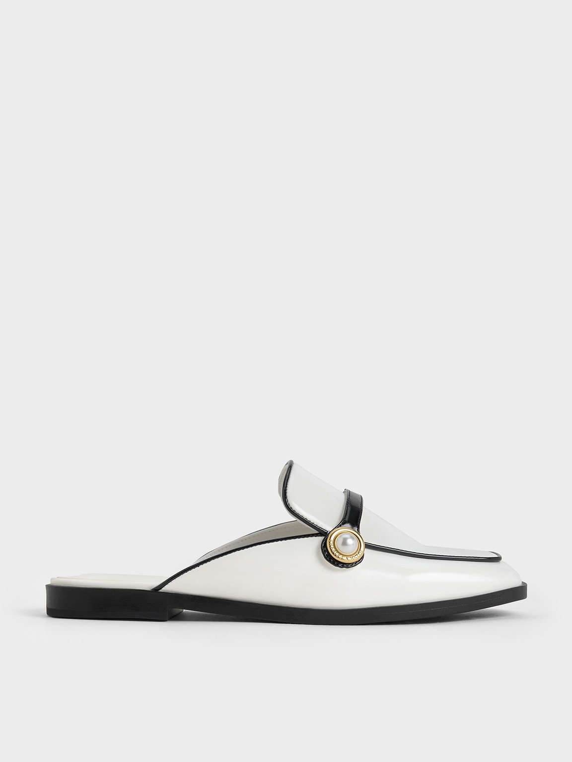 White Two-Tone Pearl-Embellished Loafer Mules - CHARLES & KEITH ID