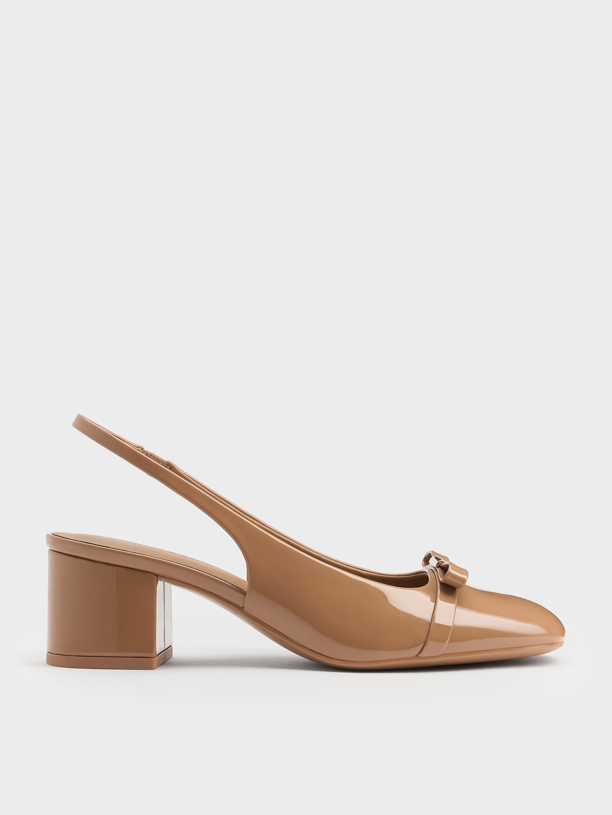 Caramel Dorian Patent Bow Block-Heel Slingback Pumps - Caramel - Shoes - CHARLES & KEITH ID