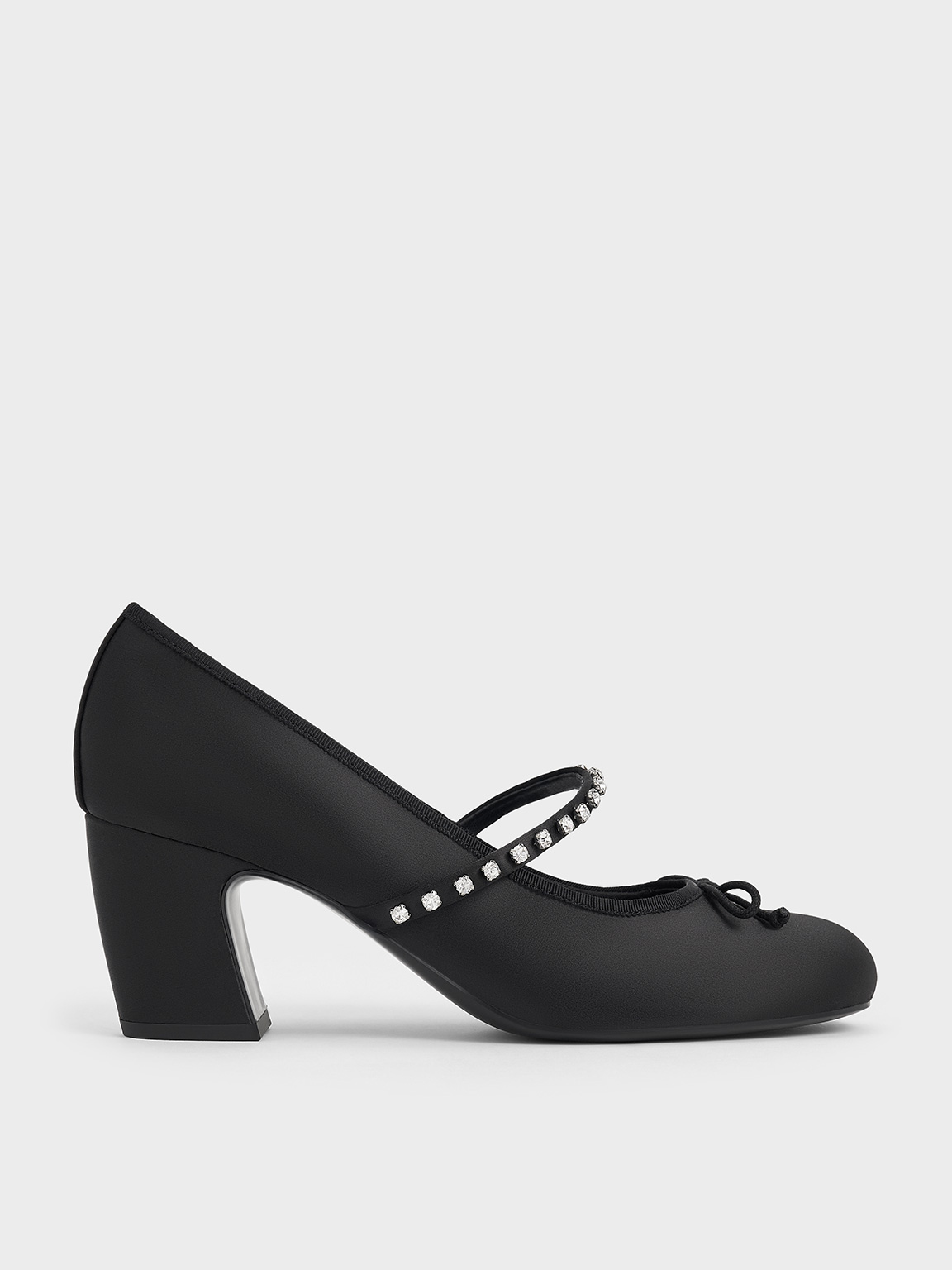 Black Textured Satin Gem-Embellished Bow Mary Jane Pumps - CHARLES ...